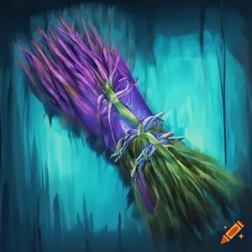 Blue and purple tied grass bundle in a storeroom in mtg art style on ...