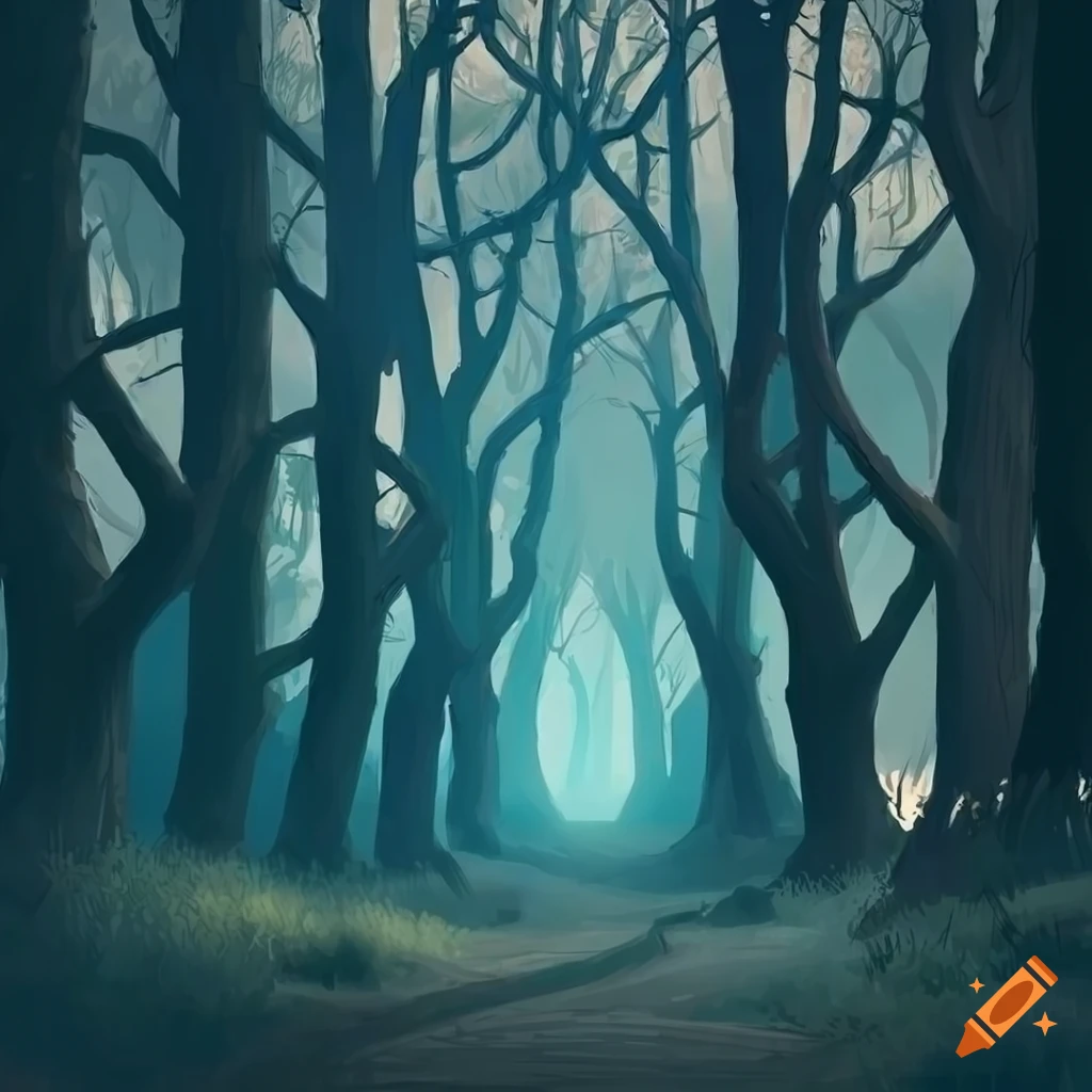 Blue oak forest path in Witcher style, top of the trees in the distance ...