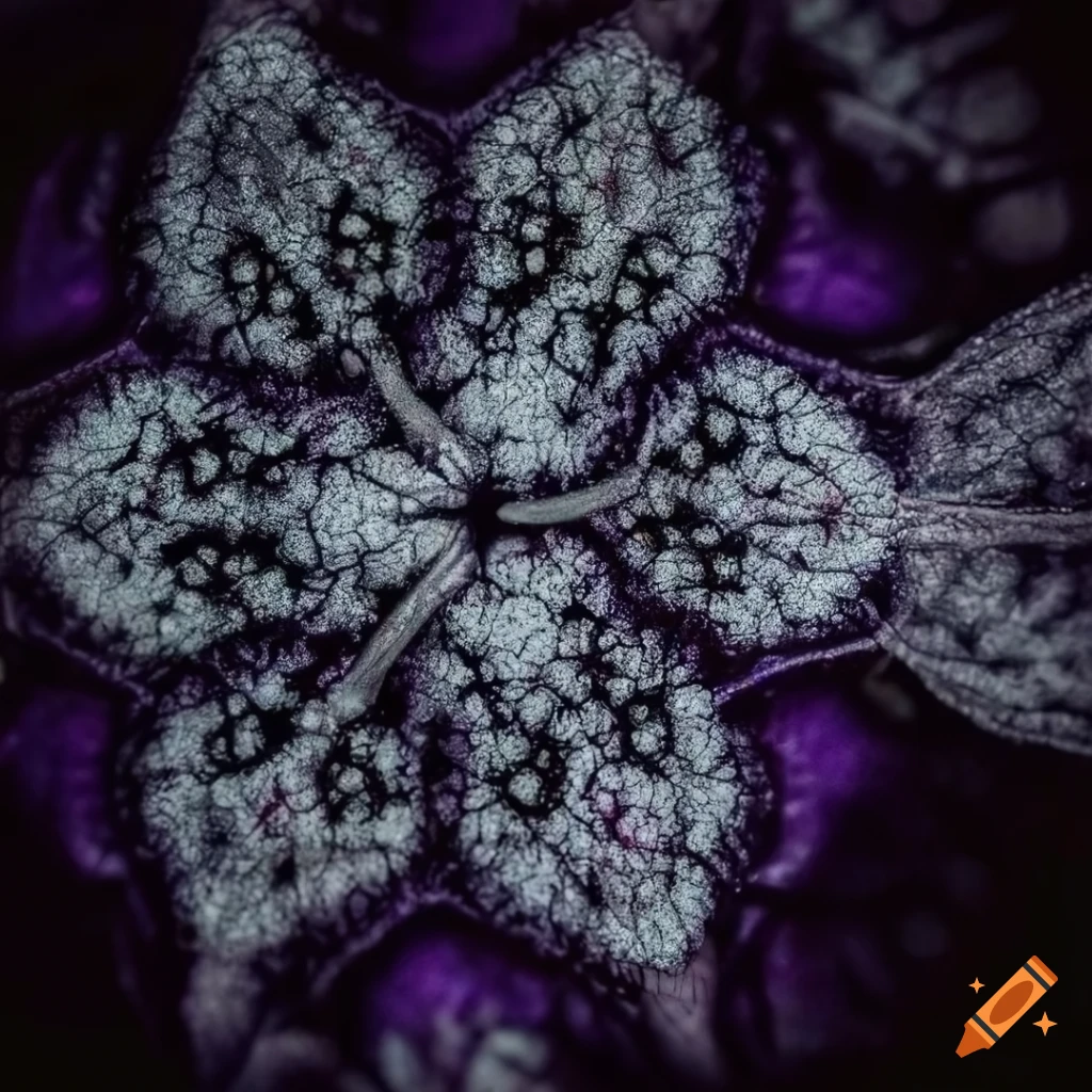 Close-up of a nightshade flower with intricate vein pattern in a dark ...