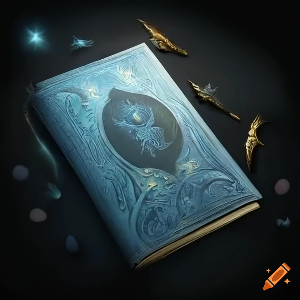 Fantasy magic tome book with white glow on black background on Craiyon