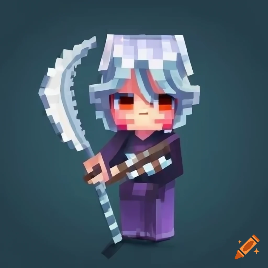 Cute male white eye minecraft character with scythe on Craiyon