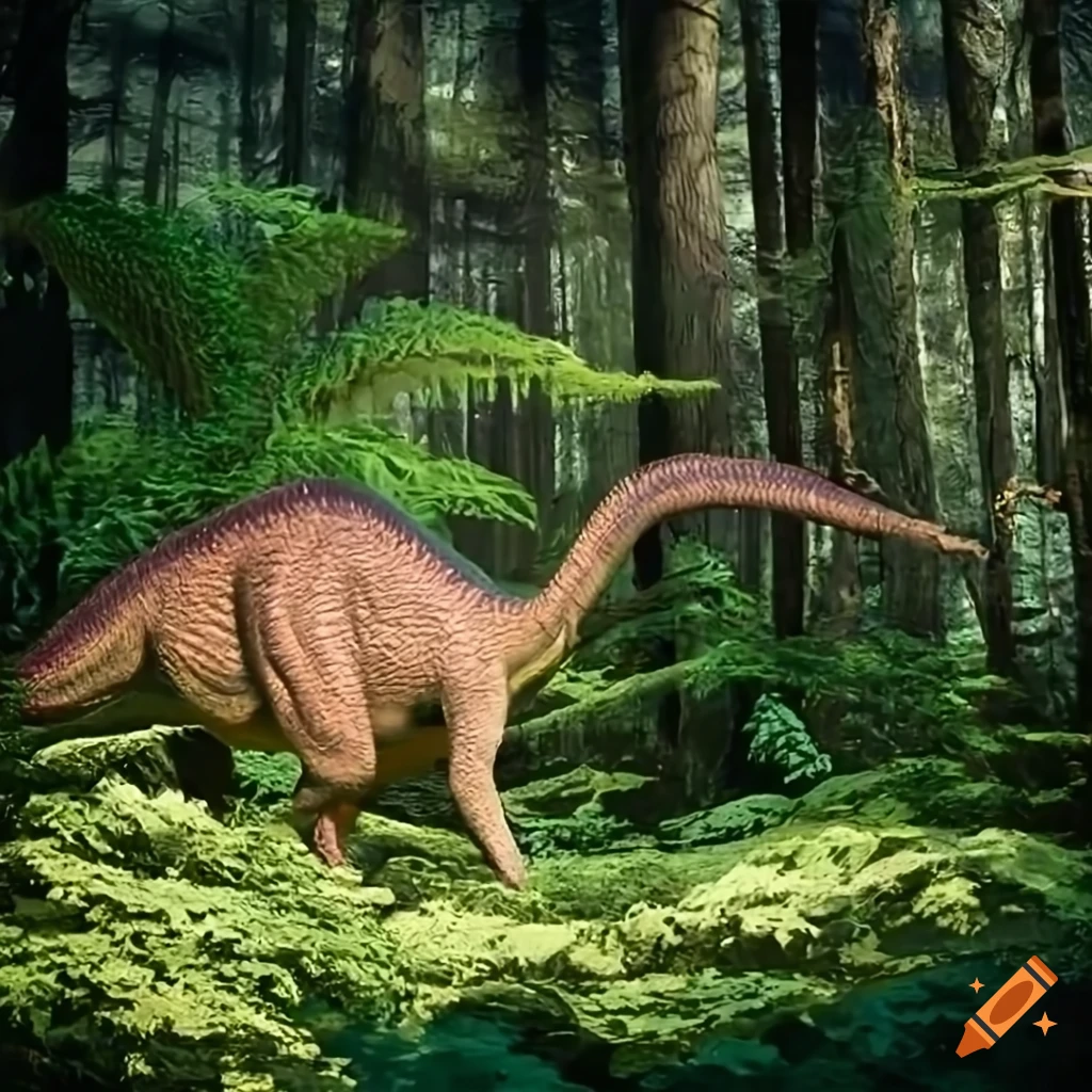 Colorful hadrosaur dinosaur roaming in a cedar forest creek with fern undergrowth and fallen ...