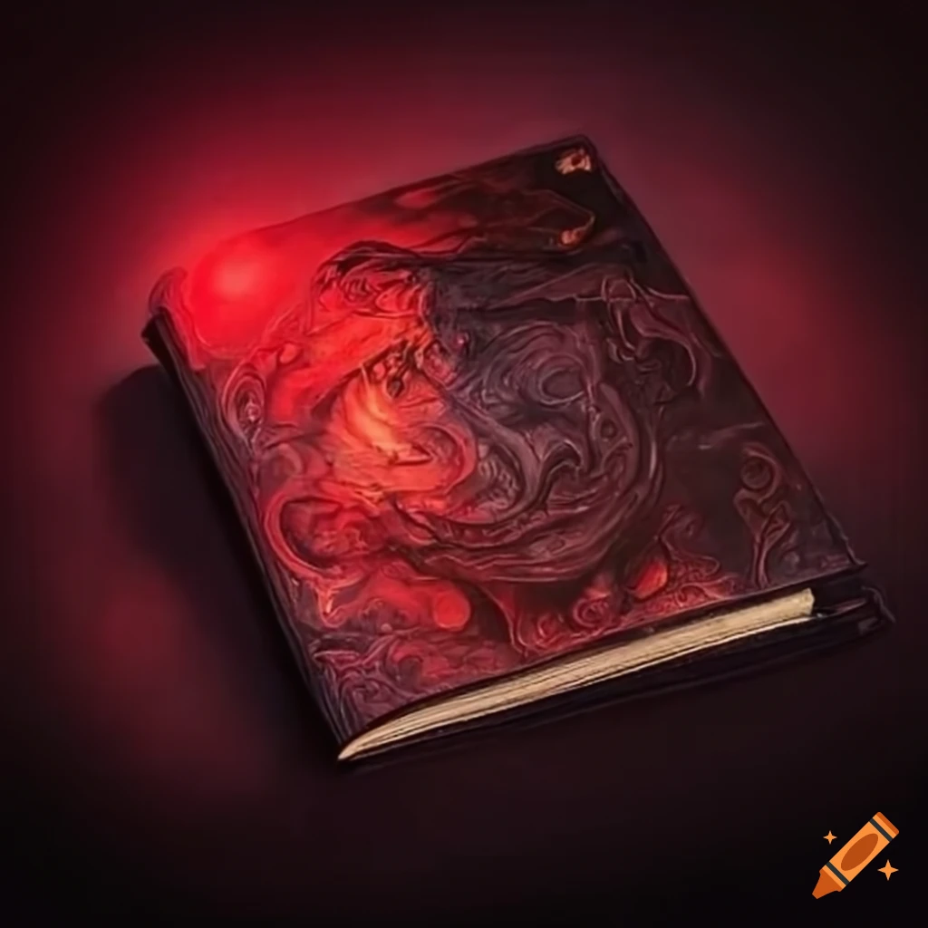 Fantasy magic tome book with red glow on black background on Craiyon
