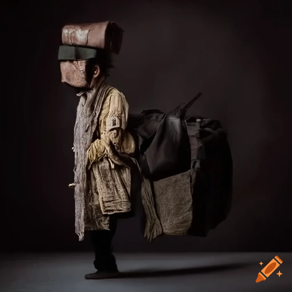 Mysterious traveling merchant with numerous bags on his back on Craiyon