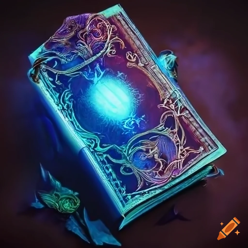 Fantasy magic tome book with blue glow on black background on Craiyon