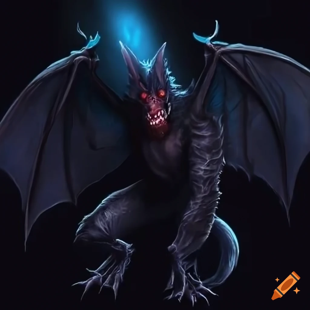 Bat beast with blue fur and red eyes in a dark setting on Craiyon
