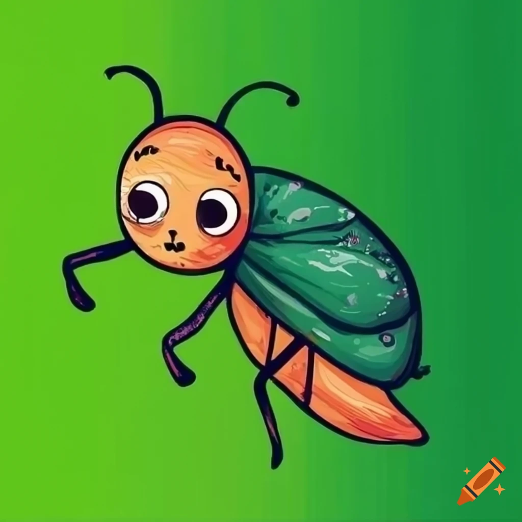 Whimsical illustration of a lively green insect in flight on Craiyon