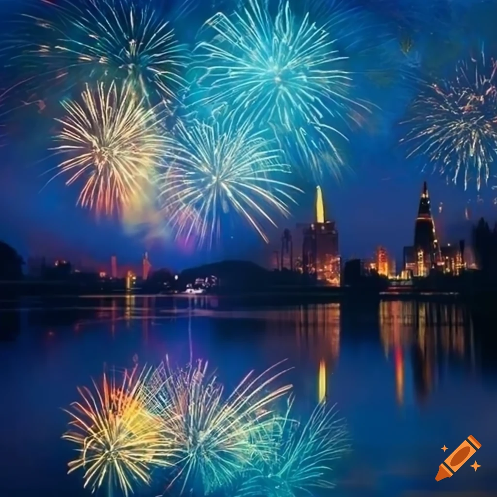 New year poster with monet-inspired fireworks at a lake with a night ...