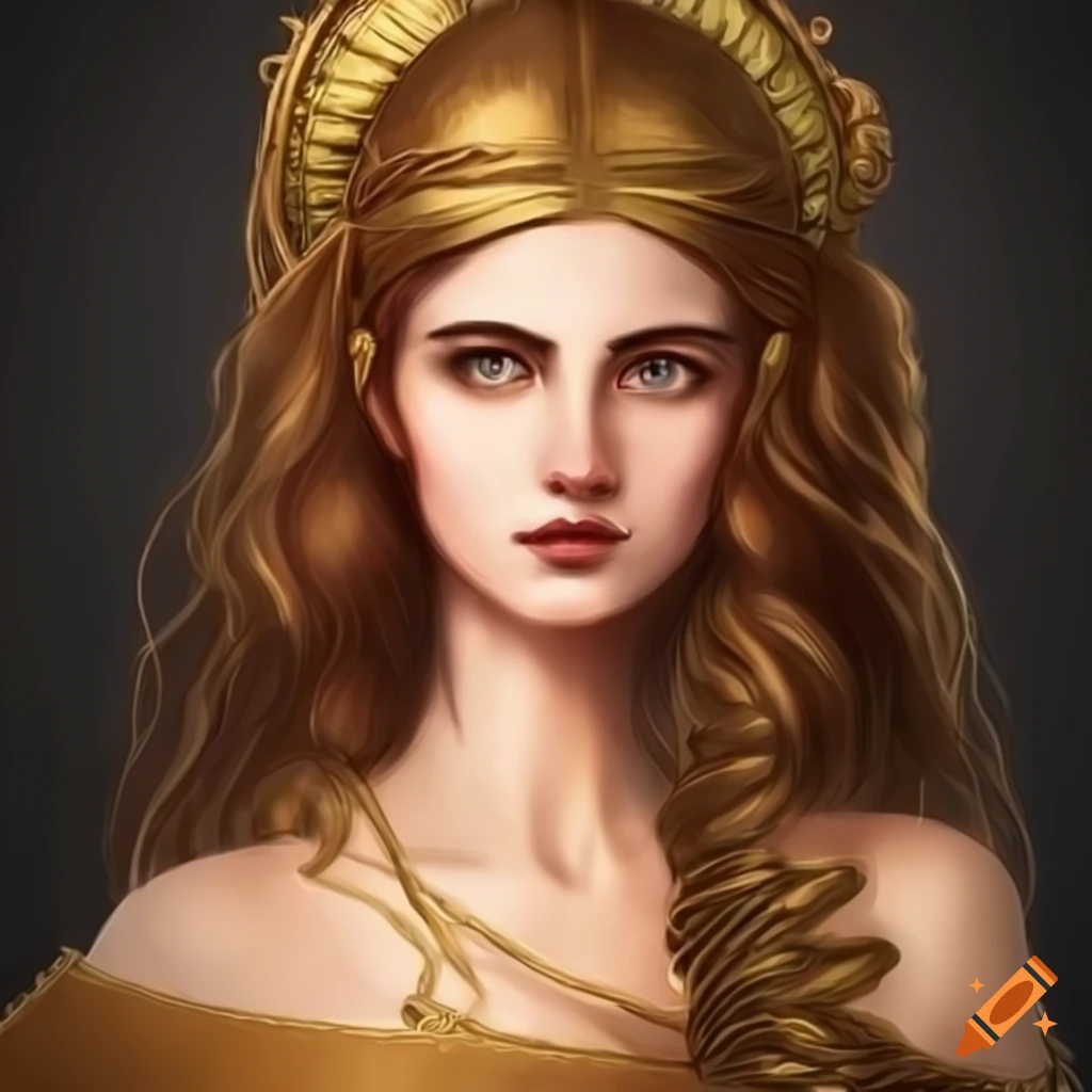 Beautiful young artemis in modest greek attire with long chestnut hair ...
