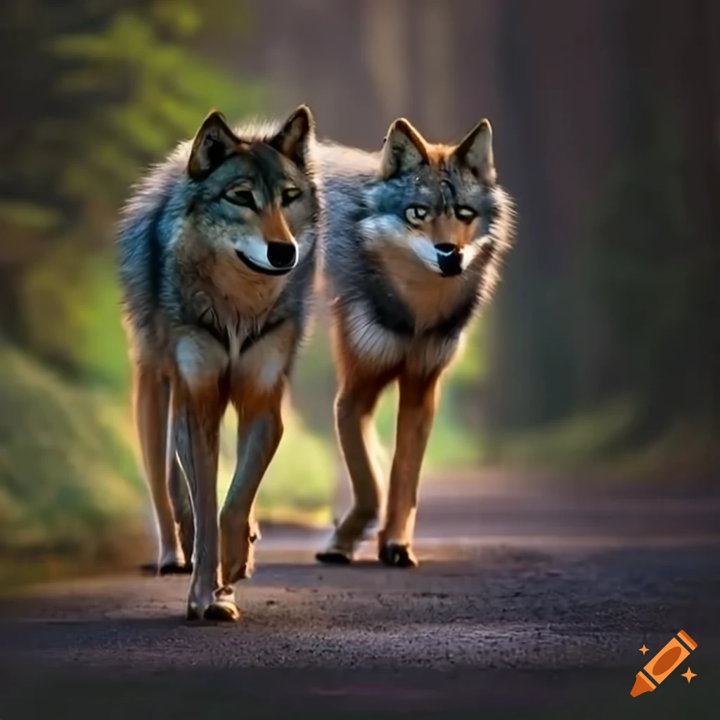 Male and female wolf walking together on a road on Craiyon
