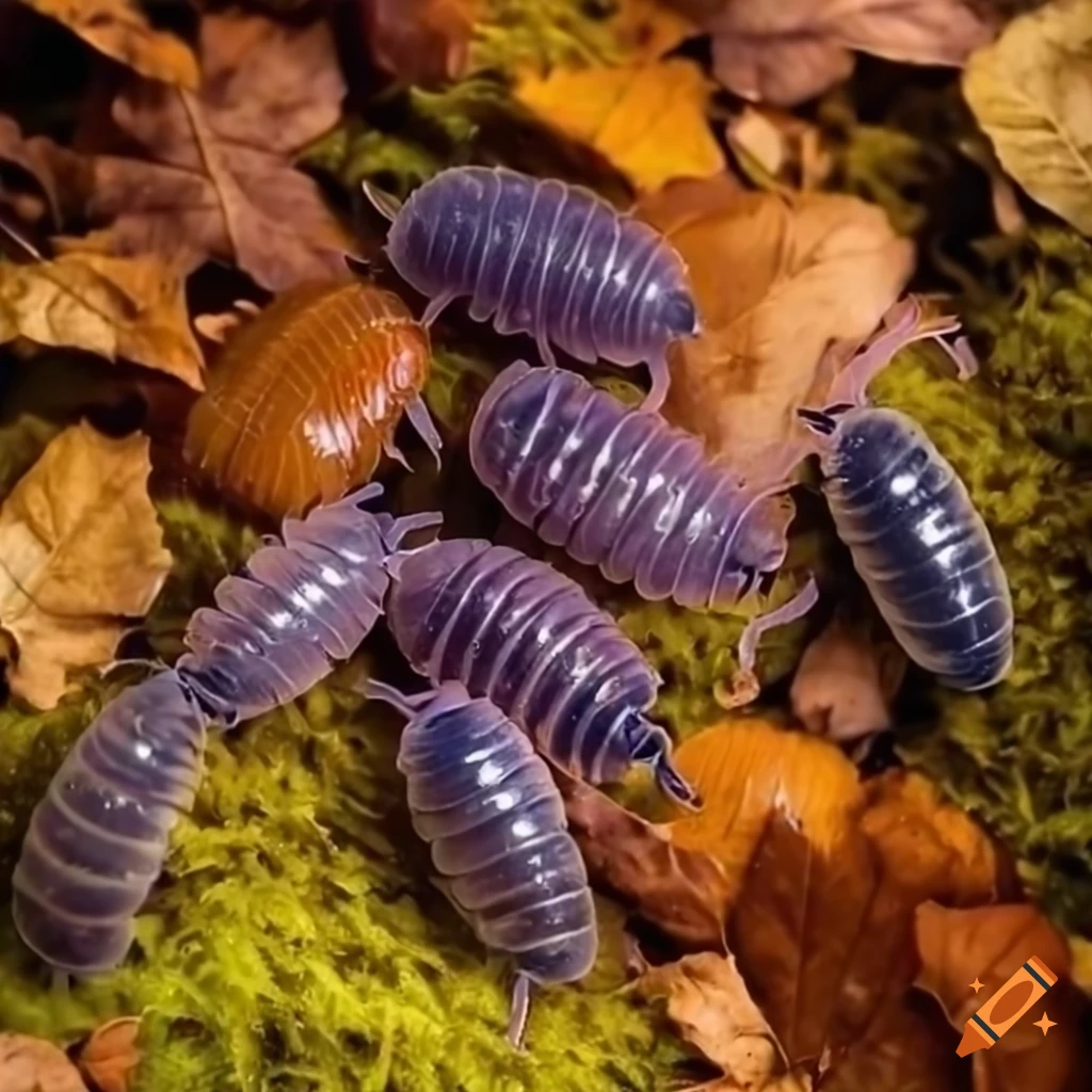 Group of purple isopods and white springtails among moss and fallen leaves on Craiyon