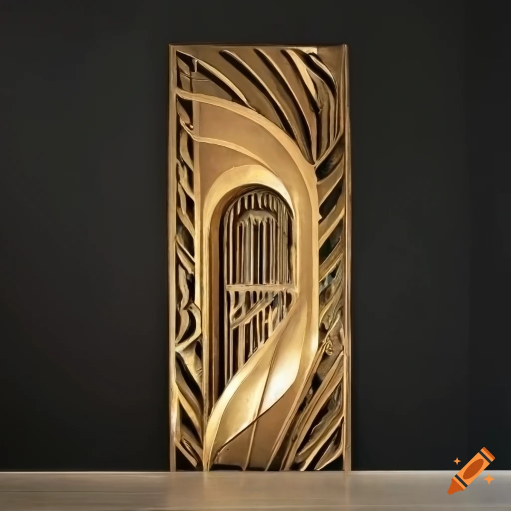 Detailed art deco metal architectural sculpture on a museum wall on Craiyon