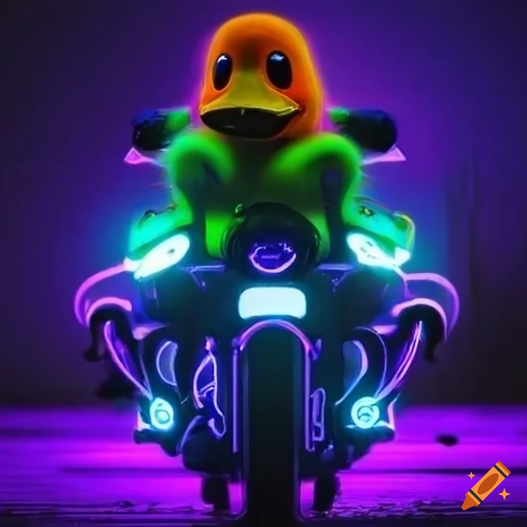 Ducks riding neon motorcycles on Craiyon