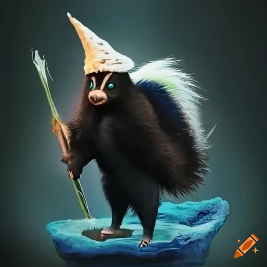 Skunk with wizard cap parting a sea with magical lighting on Craiyon