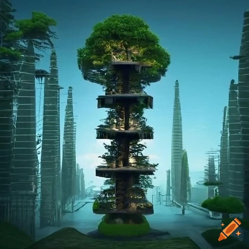 Futuristic tree city with tall trees and human activity on Craiyon