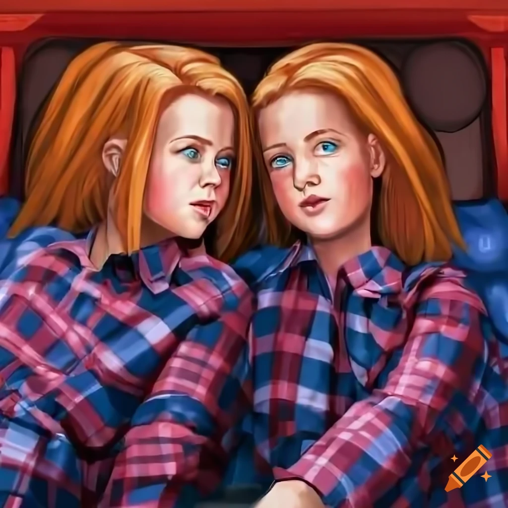 Two relaxed ginger female twins in country plaid shirts and high-waist ...