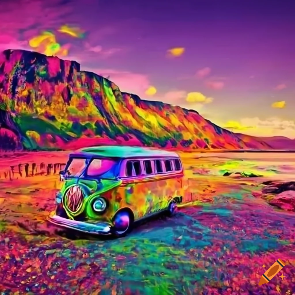 Colorful landscape with a psychedelic vw bus on Craiyon