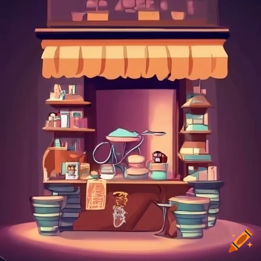 The Timeless Teapot tea shop in a bustling city, cartoon style on Craiyon