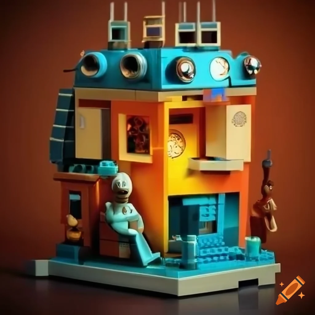 Strange surrealist toys including cars, dolls, legos, glowing glass ...