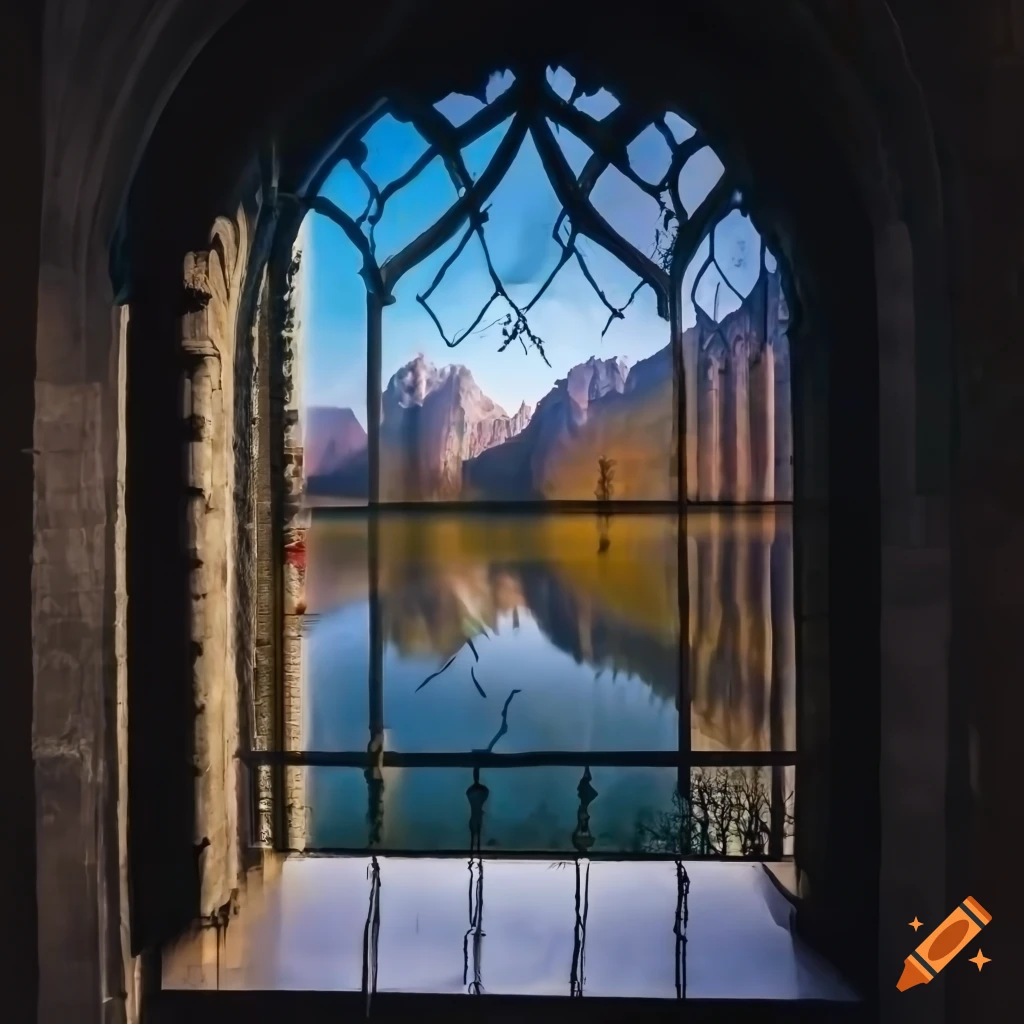 View through windows in English gothic hall onto lake in front of ...