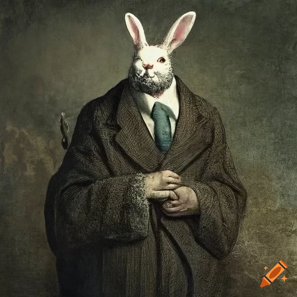 Surreal artwork of man in suit with rabbit head by gustave dore on Craiyon