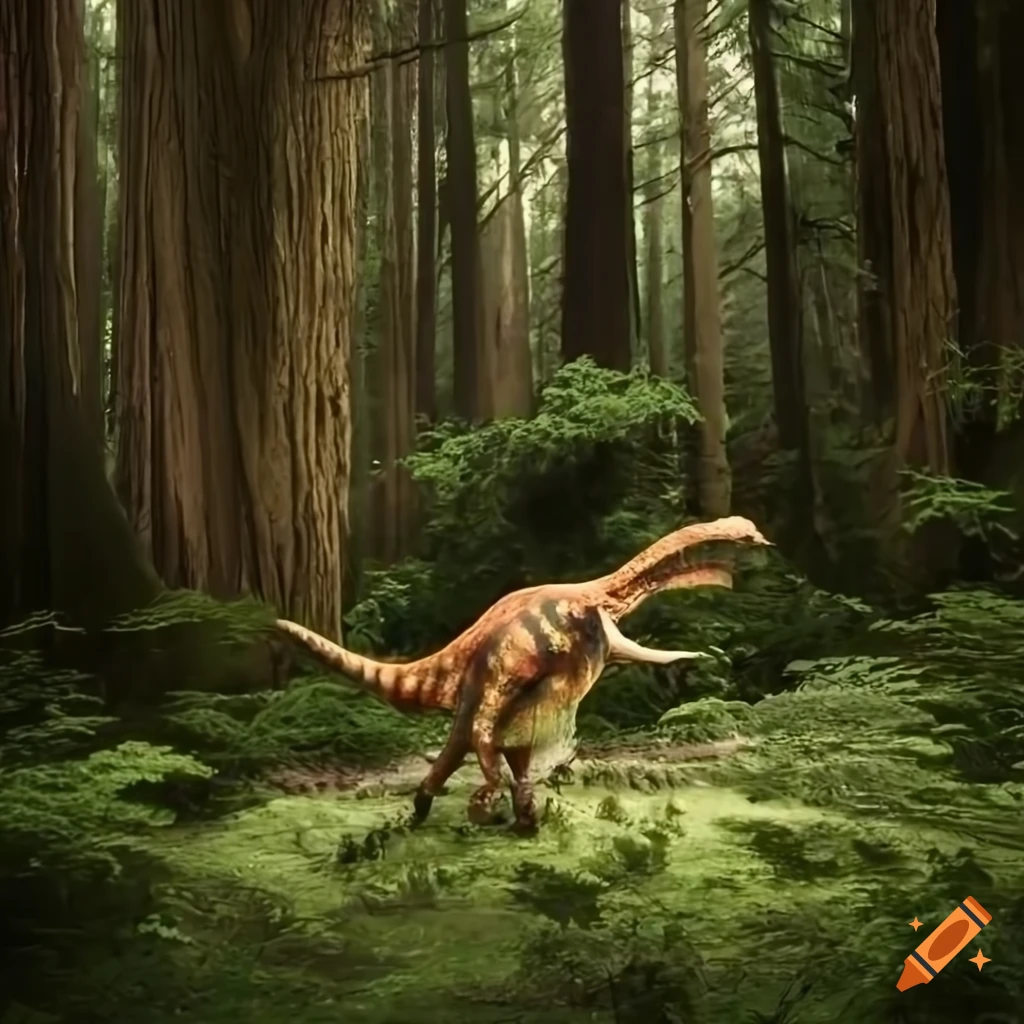 Colorful hadrosaur dinosaur in a cedar forest with fern undergrowth on Craiyon