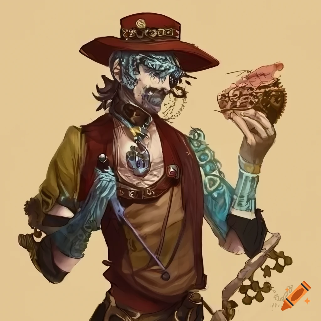 Steampunk bard with a fake arm in a blue-themed setting on Craiyon