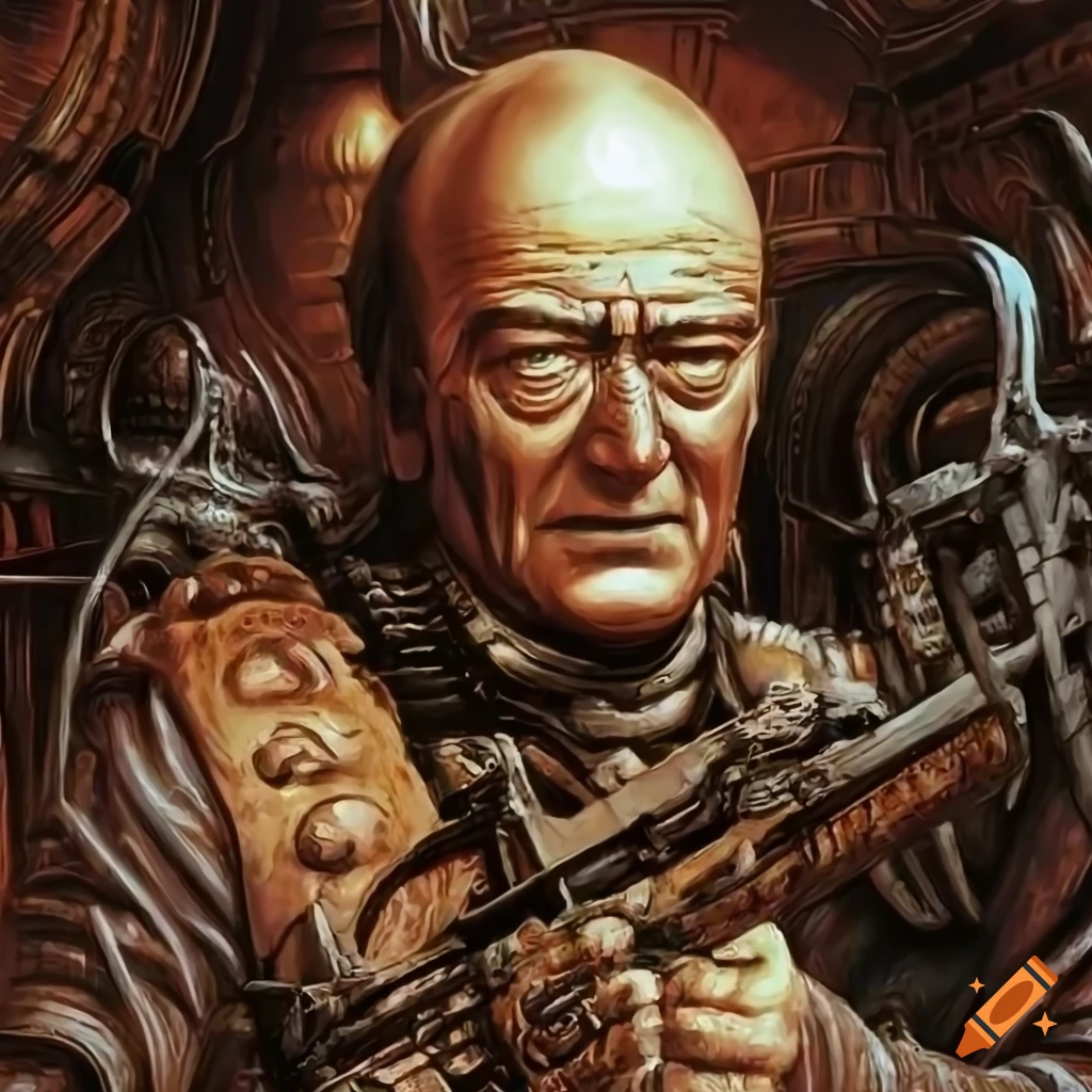 Sci-fi illustration of John Wayne in an alien biomechanical environment ...
