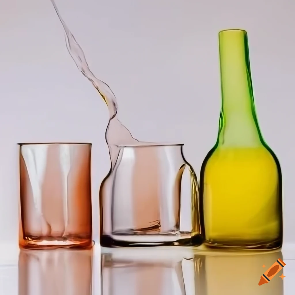 Colored translucent liquid in rocks glasses with a pouring glass bottle ...