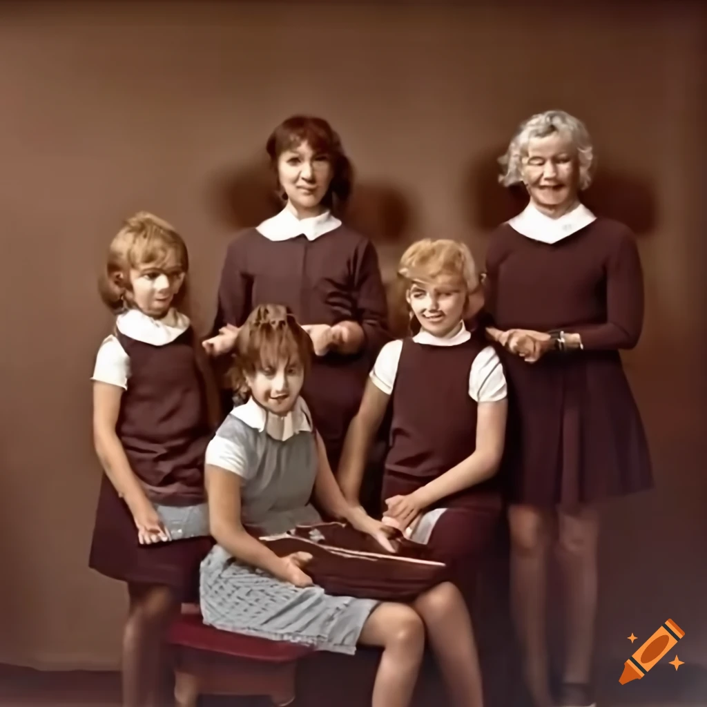 1970s-style color class photo in an English classroom with female ...