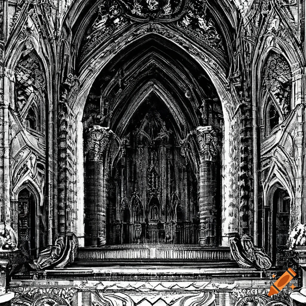 Engraving of an empty throne room with gothic architecture on Craiyon