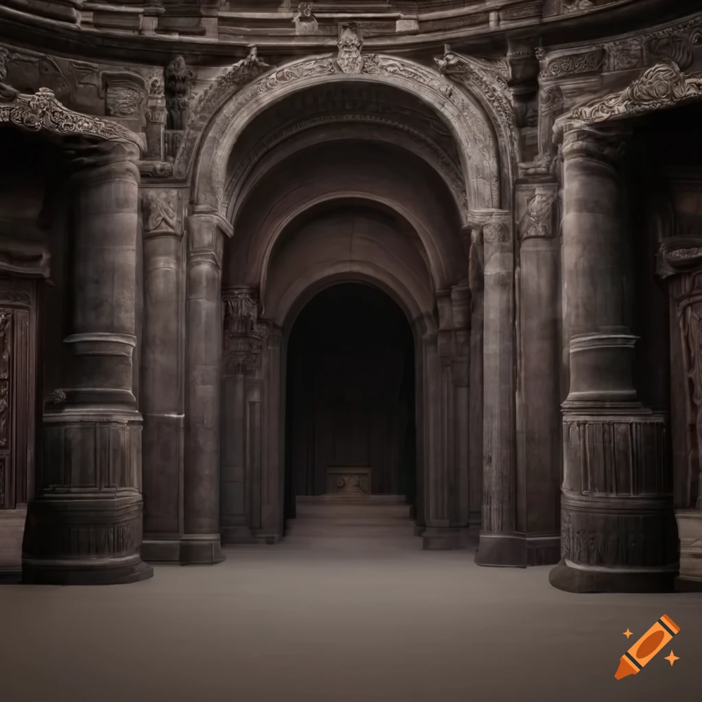 Dark ancient temple room with six entrances and a pedestal in the ...