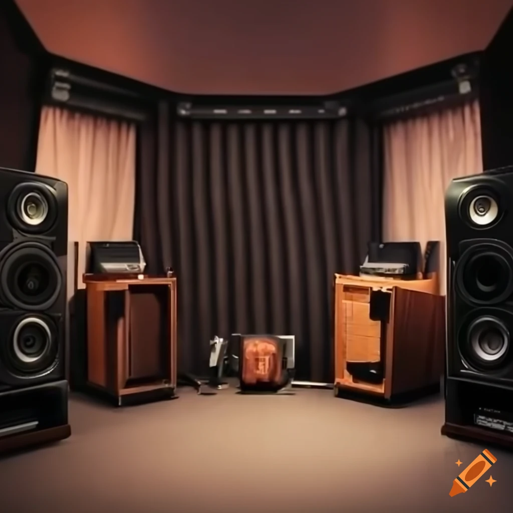 Wide-angle view inside a sound booth in a small studio on Craiyon