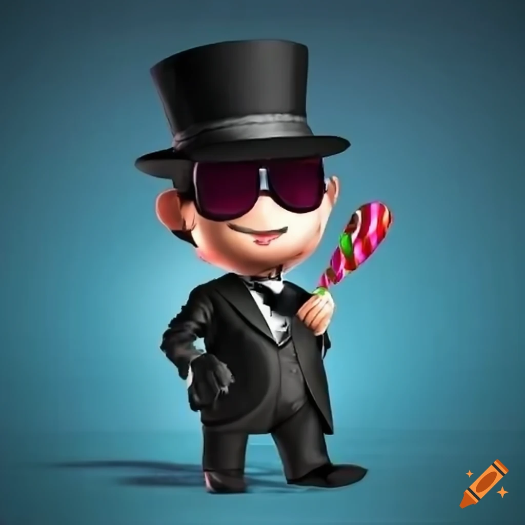 Tall man in tuxedo, black sunglasses and hat with candy as a character ...