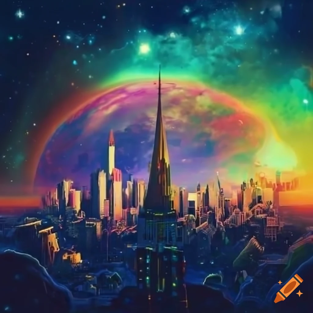 Psychedelic space city skyline on Craiyon