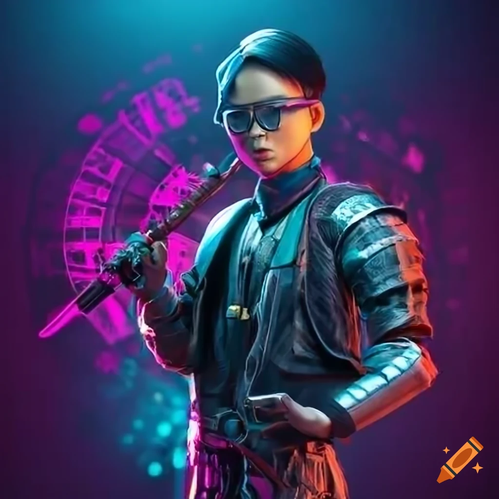 Cyberpunk scientist with glasses wielding a high-tech medieval mace on ...