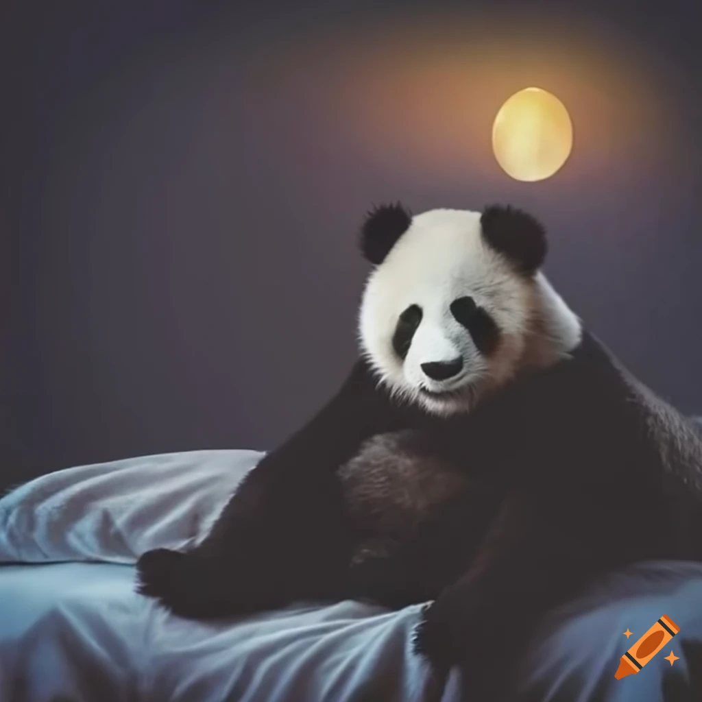 Sleepy panda in bed looking at city view at night on Craiyon