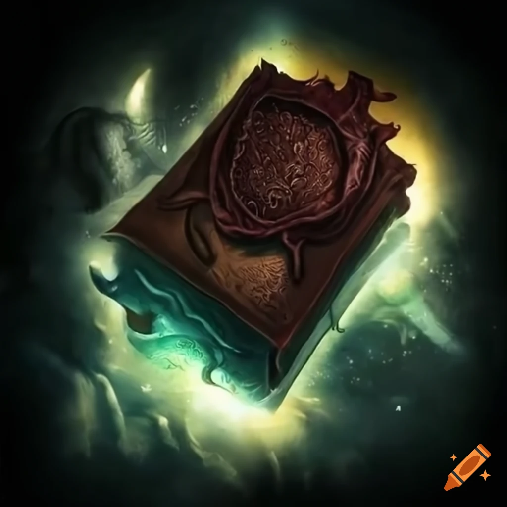 Fantasy magic tome book on black background with white glow on Craiyon