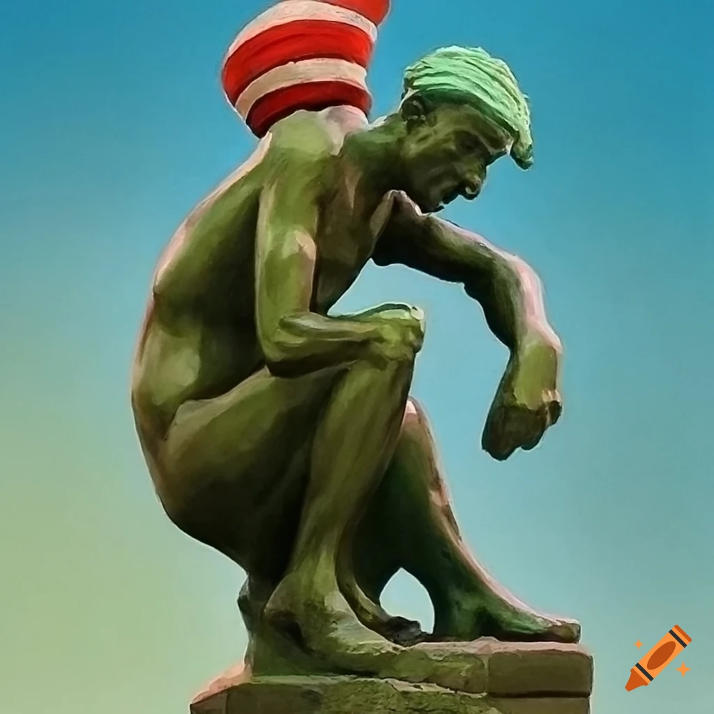 Humorous, colorful illustration of Rodin's The Thinker in a playful ...