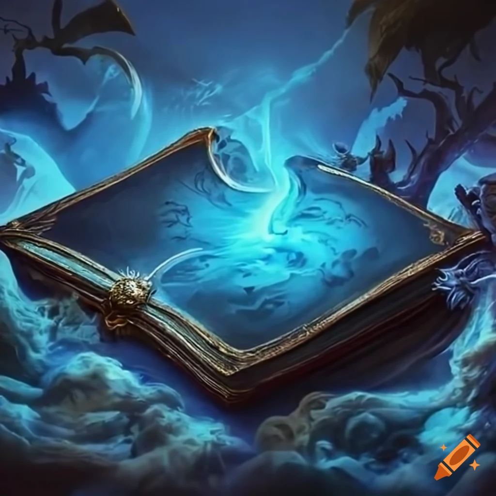 Fantasy magic tome book with blue glow on black background on Craiyon