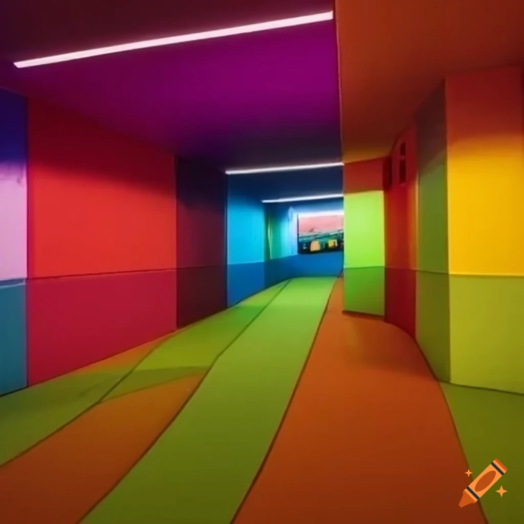 Nostalgic liminal space playplace with bright colors and empty ...