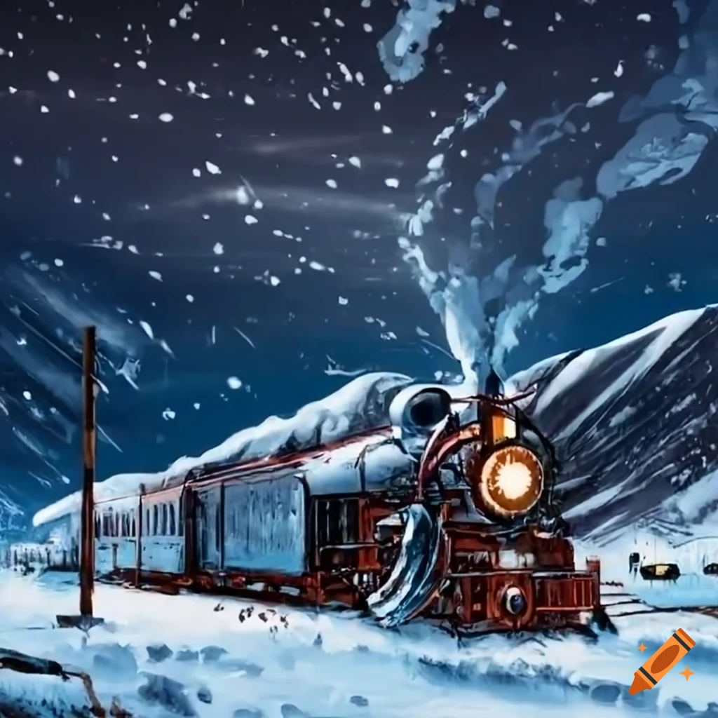 Steam locomotive in snowy mountains during a snow storm at night on Craiyon