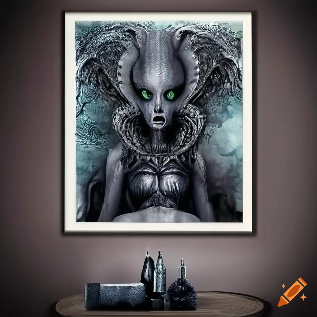 Gothic illustration of an alien queen as framed wall art on Craiyon