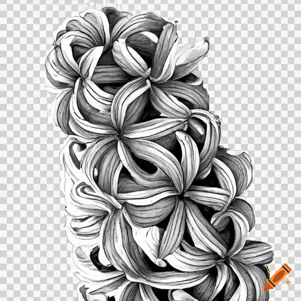Intricate line work of blooming hyacinth flowers in black and white on ...