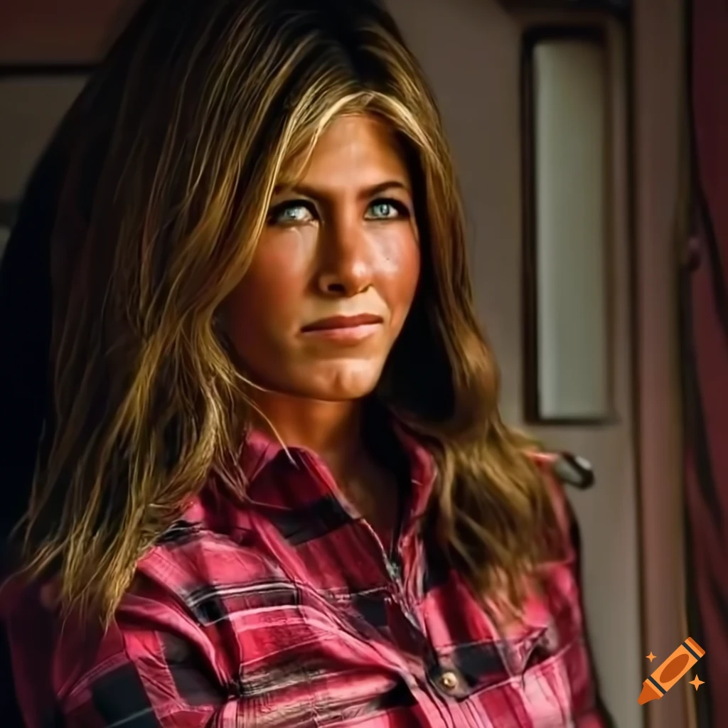 High-angle view of a young woman in country plaid shirt and high-waist black leather trousers ...