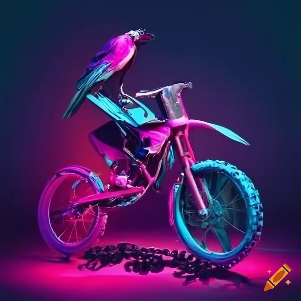 Neon pink and cyan raven on dirt bike with chain background on Craiyon