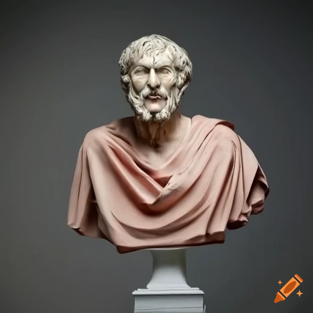 Realistic sculpture of seneca wearing a red toga on Craiyon
