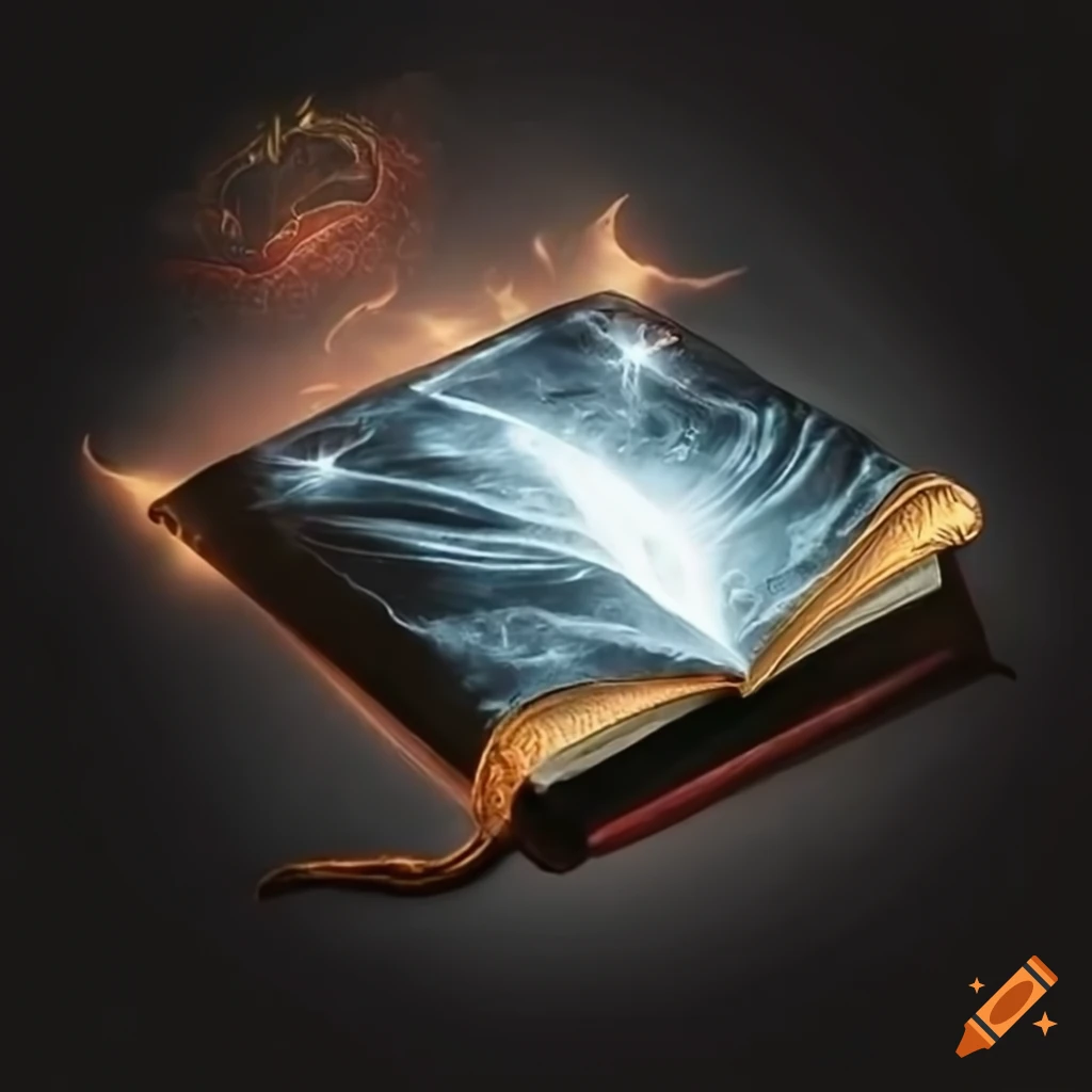 Fantasy magic tome book with white glow on black background on Craiyon