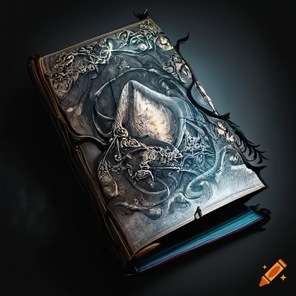 Fantasy magic tome book with white glow on black background on Craiyon