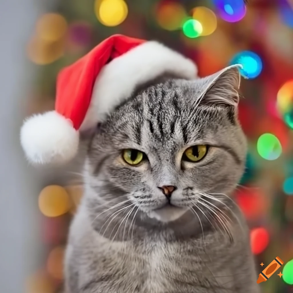Cute gray cat with santa hat and playful pigeon on a colorful christmas ...